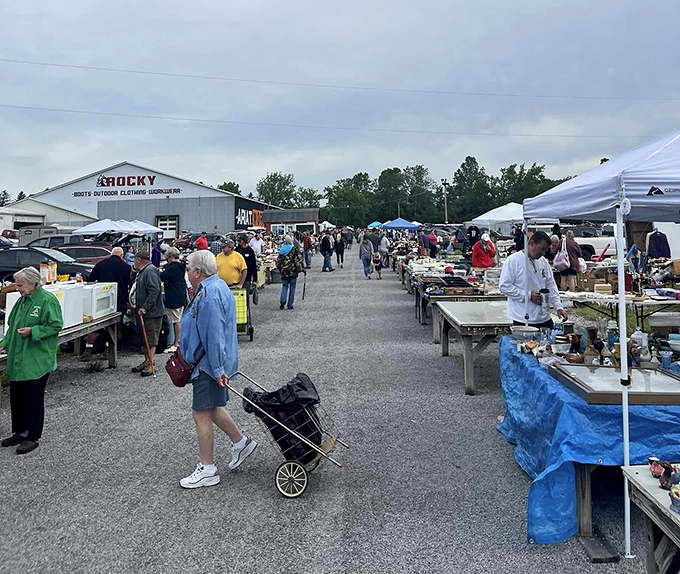 The serious business of flea marketing unfolds as shoppers navigate rows of potential finds. Notice the shopping cart &ndash; that's a professional move!