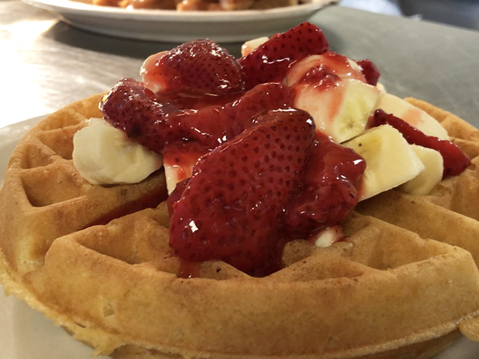 A waffle that's dressed for success with strawberries and bananas. Breakfast or dessert? The beauty is you don't have to choose&mdash;it's both.