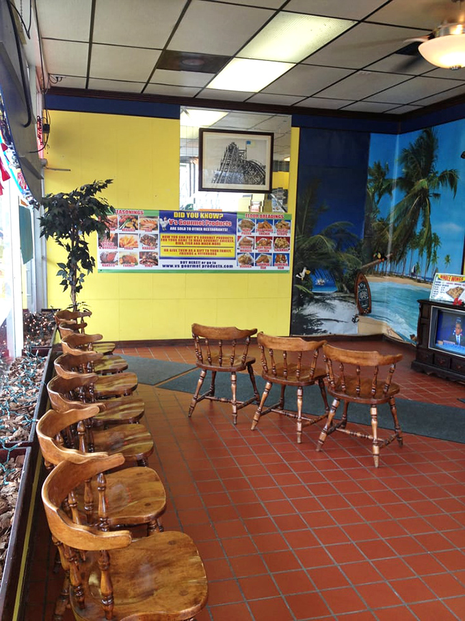The waiting area's wooden chairs and beach mural create an unexpected tropical vibe in Cleveland. It's where patience transforms from virtue to necessity.