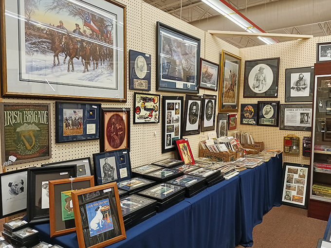 Military memorabilia and historical artwork create a museum-worthy display. History buffs could spend hours in this corner alone.