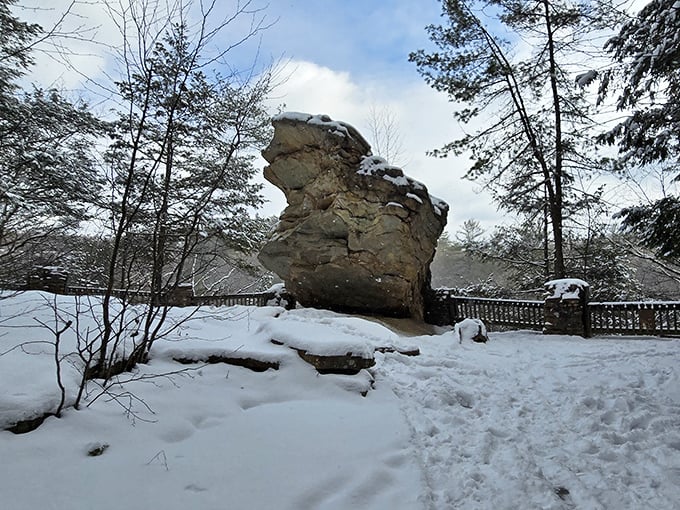 Winter blankets Balanced Rock in snow, transforming the summer hiking destination into a serene landscape worthy of the most expensive holiday cards.