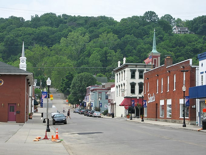Aurora's historic downtown stretches toward the hills that cradle this Ohio River gem.