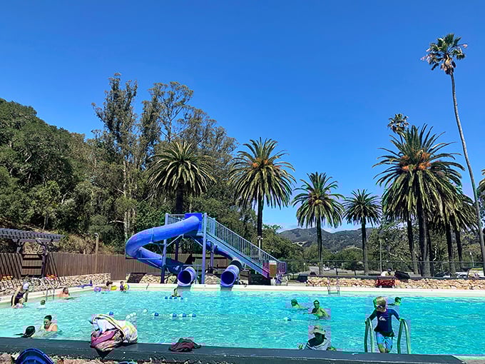 Family fun meets mineral therapy with colorful umbrellas shading individual soaking tubs for everyone.