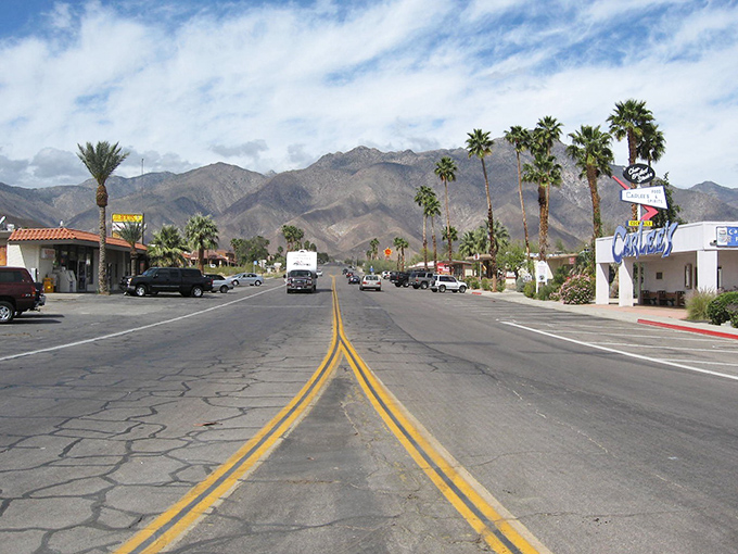 Borrego Springs' main drag is where desert meets civilization, with mountain sentinels standing guard over your retirement savings.