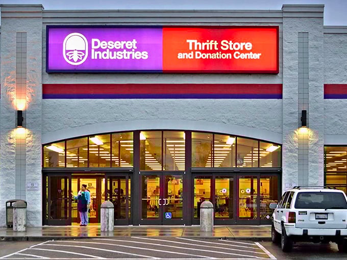 Deseret Industries' modern facade hints at the surprisingly organized treasure hunt waiting inside those glass doors. 