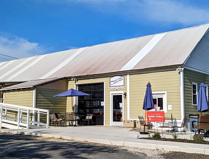 Drifting Grounds' sunny yellow building stands ready to brighten your day&mdash;even before the caffeine kicks in.