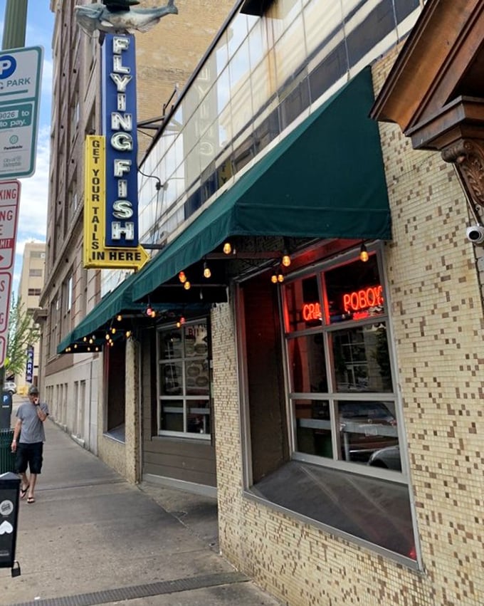 Flying Fish's vintage sign hanging proudly in downtown Memphis promises seafood with personality&mdash;just like the singing fish on their walls.