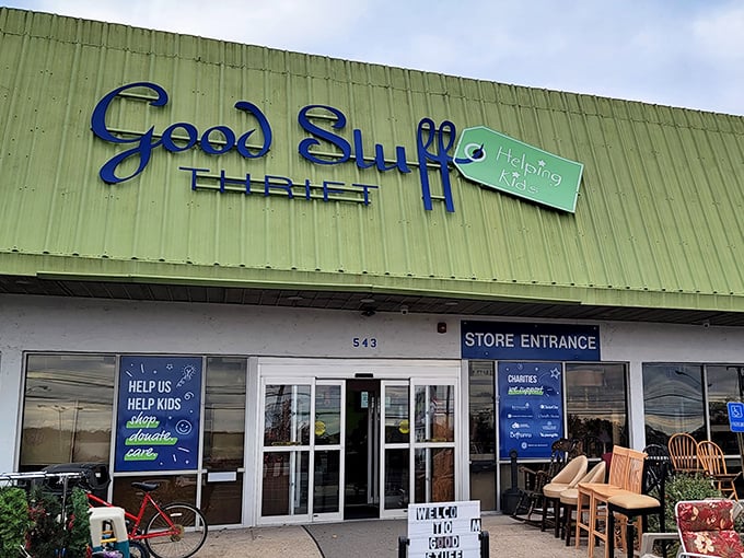 Good Stuff's playful green exterior matches the excitement of finding that perfect something you didn't know you needed.