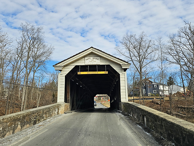 Rapp's Dam Bridge stands like a ghostly guardian, its weathered white exterior a canvas for shadow play.