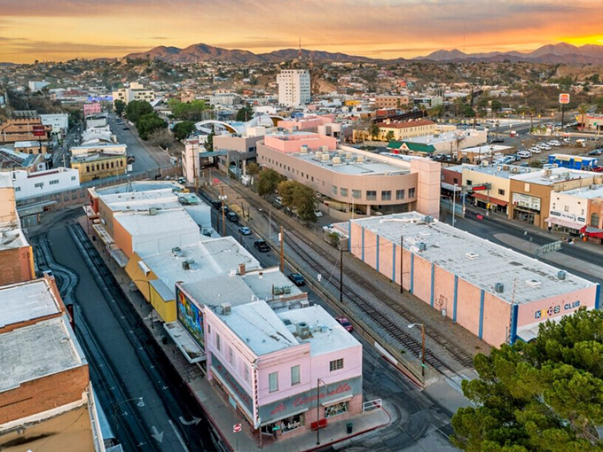 The colorful buildings of downtown Nogales create a vibrant tapestry against the desert landscape, reflecting its rich bicultural heritage.