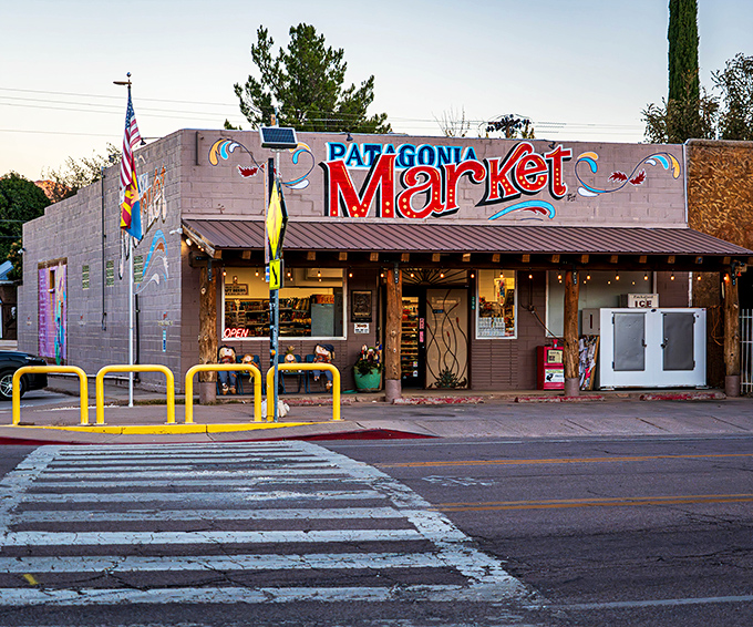 The colorful Patagonia Market welcomes visitors with vibrant signage, a community hub in this charming ranching town.