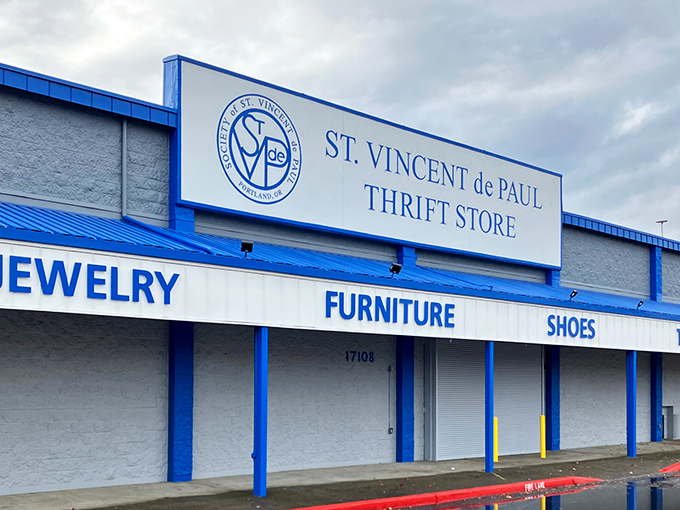 St. Vincent de Paul's blue and white building stands ready to serve both bargain hunters and the community they support.