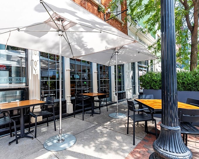 The Eagle's stylish outdoor seating area invites you to linger over some of Cincinnati's most talked-about fried chicken.