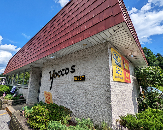 Yocco's distinctive white building with its burgundy roof&mdash;a landmark for Allentown hot dog pilgrims.