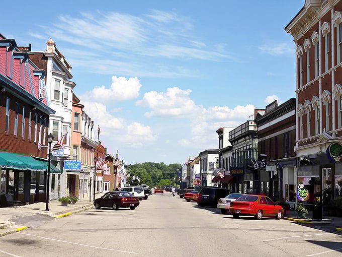 Victorian-era buildings stand shoulder to shoulder in Aurora, creating a streetscape that time forgot.