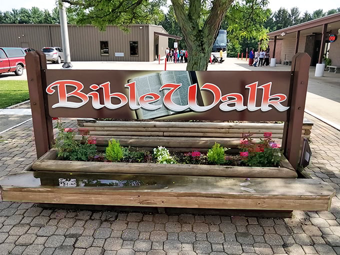 Colorful flowers frame the entrance to this scriptural journey. Sunday School stories come to life-sized, waxy life!