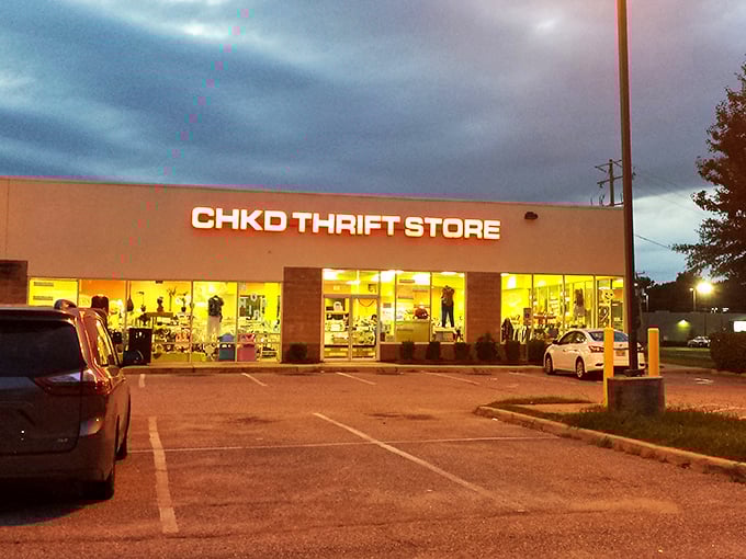 As dusk falls, CHKD Thrift Store glows with possibility. Night owls find the best treasures when the sun goes down!