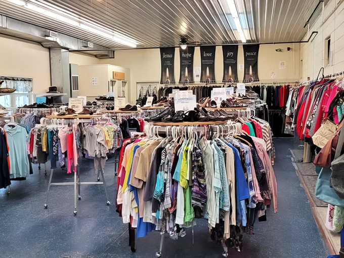 Inside this unassuming building lies a carefully organized wonderland where every rack tells a different style story.