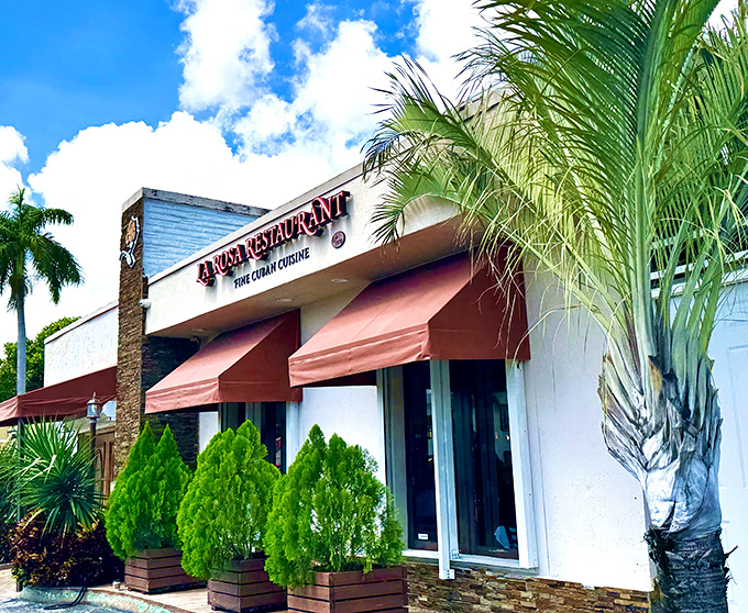 Tropical plants frame the entrance to this Cuban gem where the pork is slow-roasted and the welcome is warm.