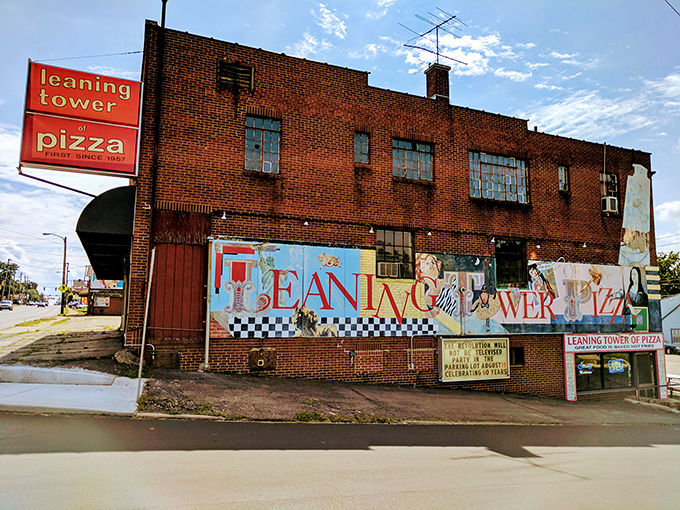 That colorful mural adds personality to a building that's already bursting with character and pizza tradition.