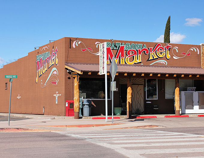 Patagonia's market building wears its desert colors proudly, a local landmark where neighbors gather and visitors feel welcome.