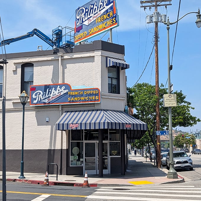 The corner entrance to Philippe's promises French dip sandwiches so good they've survived every food trend since their invention.