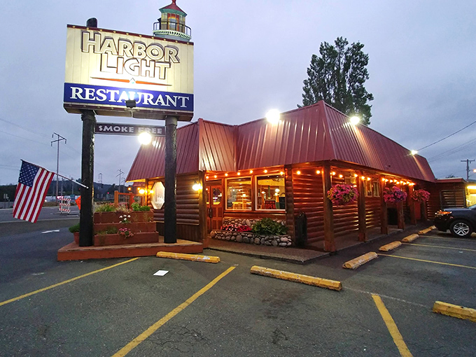 Evening transforms Reedsport's Harbor Light Restaurant into a beacon for affordable dining where the river meets the sea.