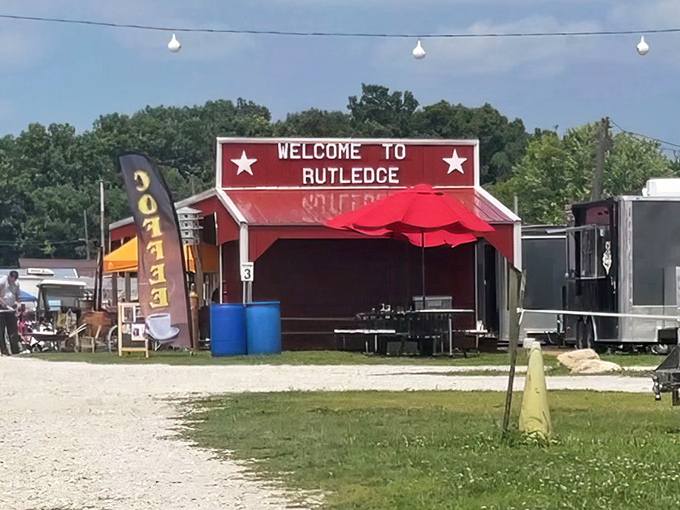 Flea market meets county fair vibes. The red barn aesthetic and outdoor vendors create that quintessential Midwest shopping experience.