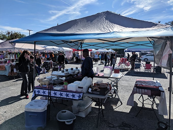 Browsers stroll between white tents at Smithfield's market. That perfect gift might be waiting just around the corner!
