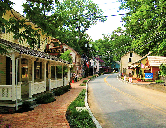 The winding main street of St. Peter's Village offers a perfect blend of historic charm and natural beauty along French Creek.