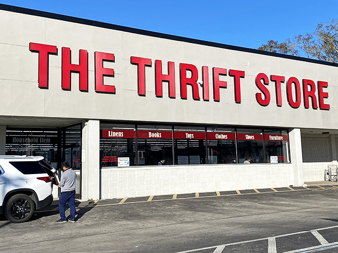 Red lettering announces a world of possibilities behind those windows. Straightforward name, extraordinary finds!