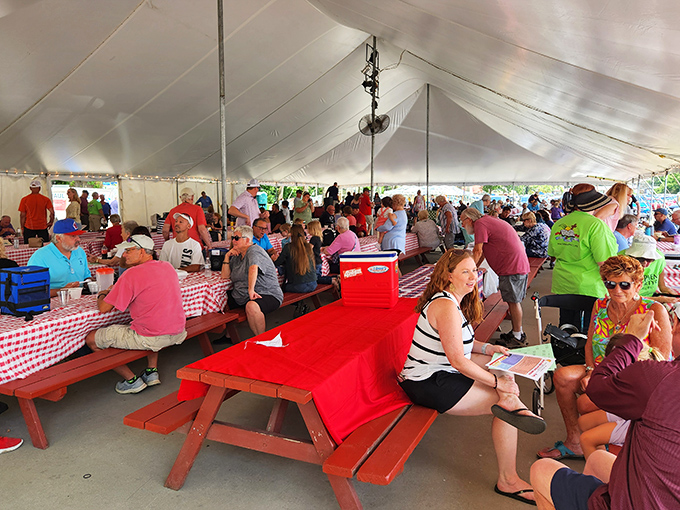 Willow Glen's picnic tables create a community hub where shopping breaks become impromptu social hours over simple, delicious fare.