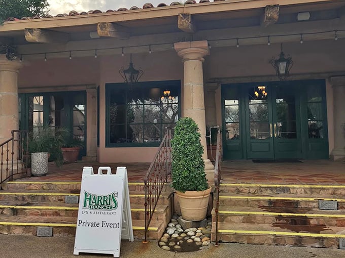 The Spanish mission-style entrance to Harris Ranch beckons like an oasis in the Central Valley desert. Terracotta tiles and wrought iron details promise culinary salvation ahead.