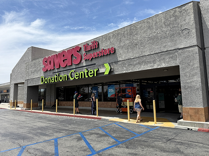 The iconic red Savers sign beckons like a siren call to bargain hunters. This thrift superstore promises treasures waiting to be discovered inside.