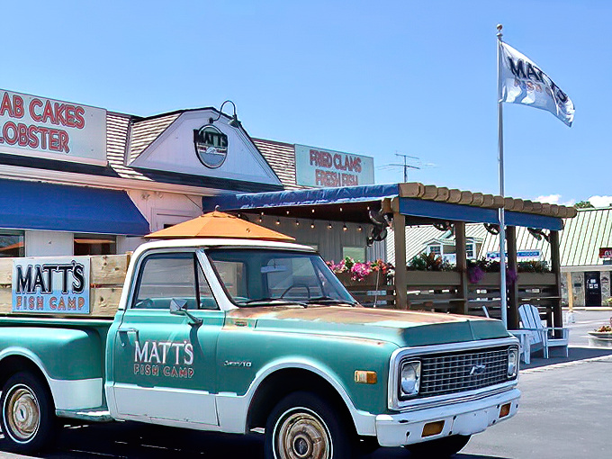 That vintage turquoise truck isn't just for show&mdash;it's the perfect mascot for Matt's Fish Camp, where coastal charm meets seafood perfection in Lewes.