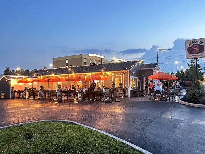 Twilight transforms Sammy's patio into a magical dining oasis, where string lights twinkle like stars and conversations flow as freely as the craft beer.