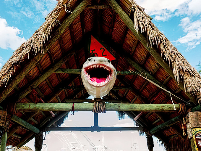 The shark greeting you at Tiki 52's entrance isn't just decoration&mdash;it's Florida's version of a ma&icirc;tre d', silently promising adventures in flavor beneath that thatched roof.