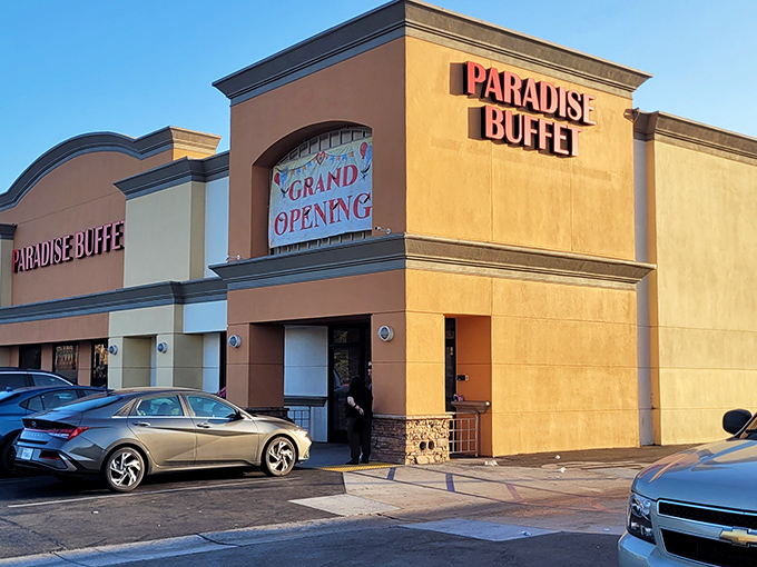 The unassuming exterior of Paradise Buffet in Montebello hides culinary treasures within, like finding a diamond in a strip mall setting.