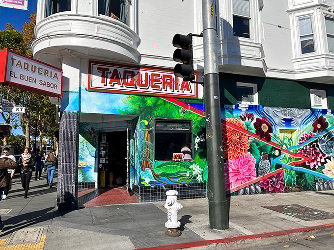 The vibrant mural outside El Buen Sabor isn't just decoration&mdash;it's a preview of the colorful flavors waiting inside this Mission District gem.