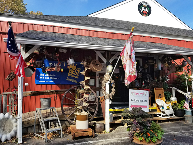 The classic red barn exterior isn't just charming&mdash;it's a warning sign to your wallet that resistance is futile. Treasures await inside!