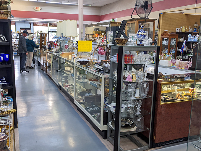 Glass cases stretching to infinity, each one a miniature museum of memories waiting to be rediscovered and taken home.