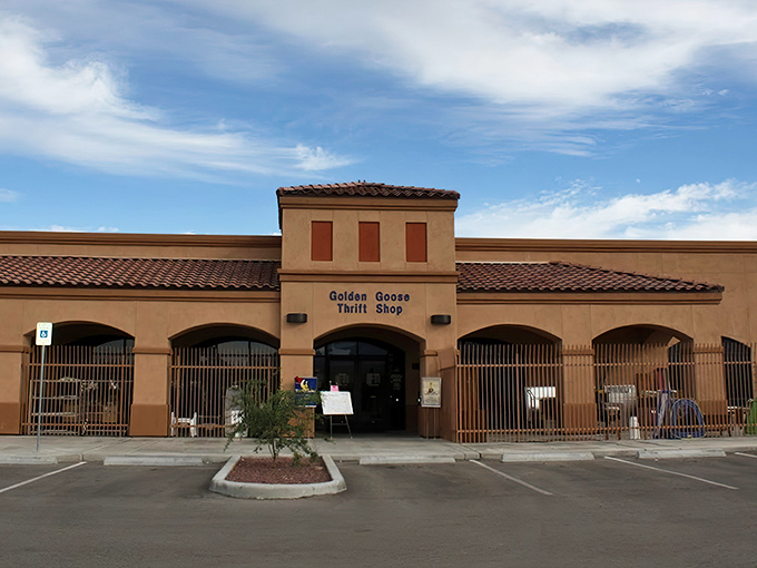The stucco facade of Golden Goose Thrift Shop beckons like a desert mirage, promising treasures within its Spanish-style walls.