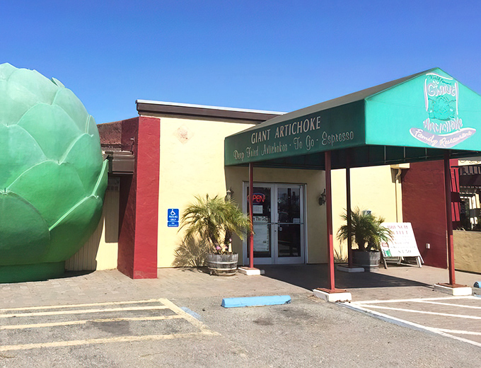 The ultimate roadside photo op! Castroville's Giant Artichoke Restaurant announces its veggie allegiance with a mint-green awning and that unmissable green sculpture.