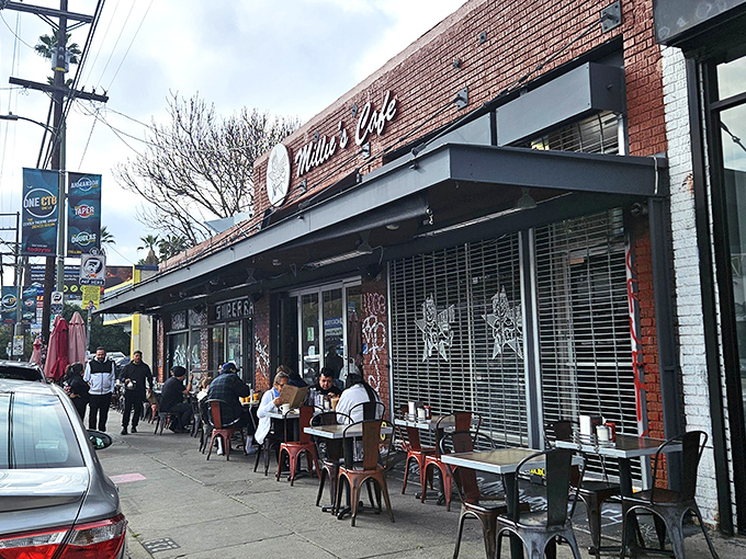 The weekend pilgrimage in action! Millie's brick facade and outdoor seating area host a devoted crowd willing to wait for what might be the most satisfying breakfast in Silver Lake.