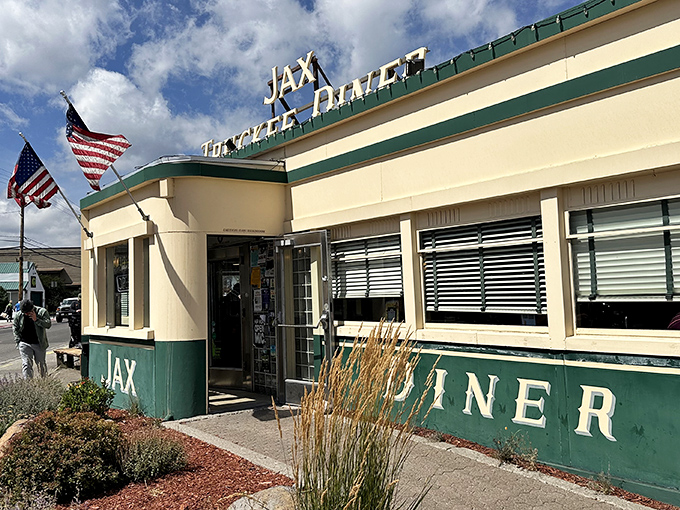 The classic green and cream exterior of Jax at the Tracks stands proudly in Truckee, where time slows down and appetites ramp up.
