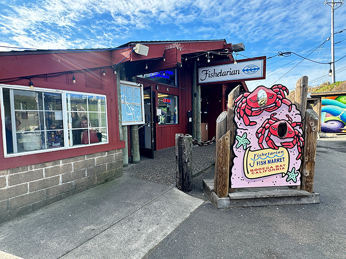 The little red shack that could! Fishetarian's cheerful exterior with its whimsical crab sign promises seafood treasures that would make Neptune himself line up.