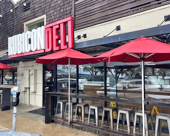 The bright red Rubicon Deli sign beckons like a lighthouse for the sandwich-starved. Mission Hills' unassuming gem awaits your appetite.