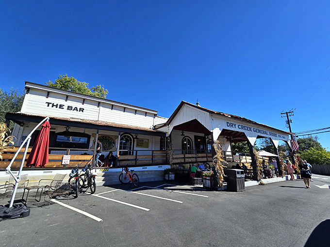 The white clapboard fa&ccedil;ade of Dry Creek General Store stands like a time capsule in Healdsburg, complete with "THE BAR" sign that promises good times ahead.