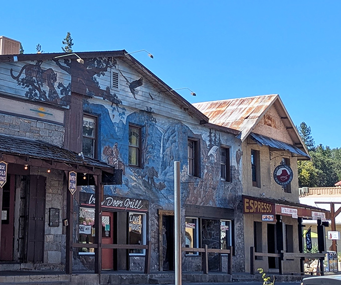The iconic blue mural adorning the Iron Door Saloon's exterior tells stories of California's wild west days before you even step inside.