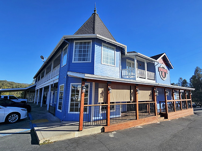 The blue beacon of barbecue bliss! Smokehouse 41's distinctive exterior promises smoky treasures within, like a delicious mirage in the Sierra foothills.